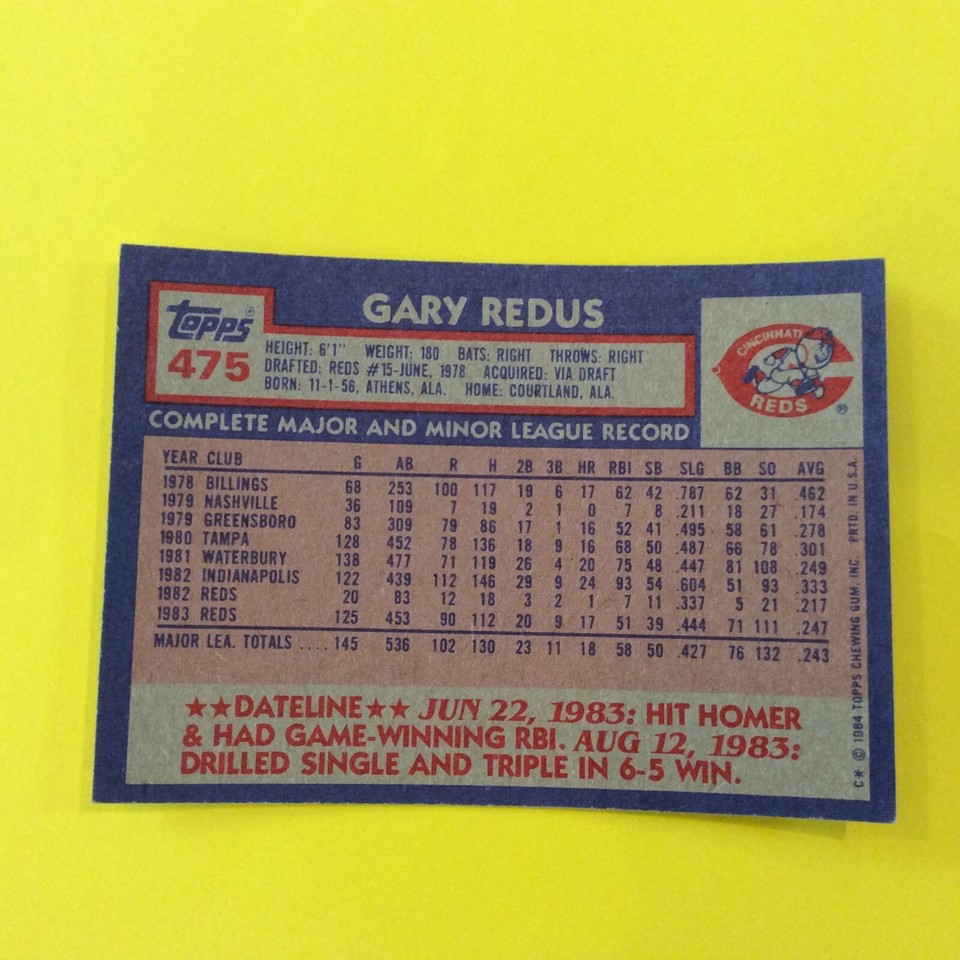1984 Topps #475 Gary Redus Cincinnati Reds | eBay