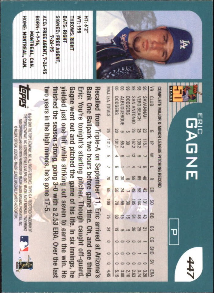 2001 Topps Baseball Card #447 Eric Gagne | eBay