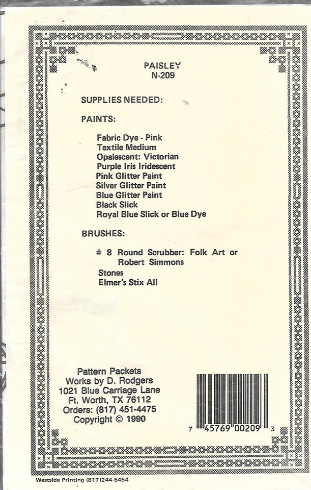 Vintage Pattern Packets by Debbie Rodgers #N-209 Paisley Iron-On - NOS ...