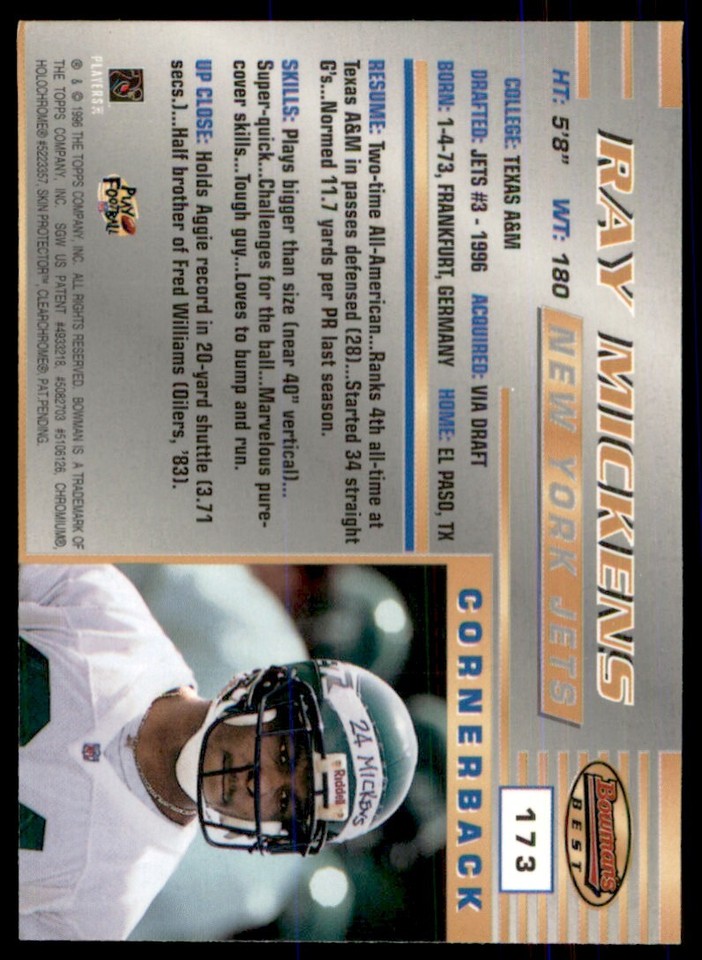 1996 BOWMAN'S BEST RAY MICKENS RC NEW YORK JETS #173 | eBay