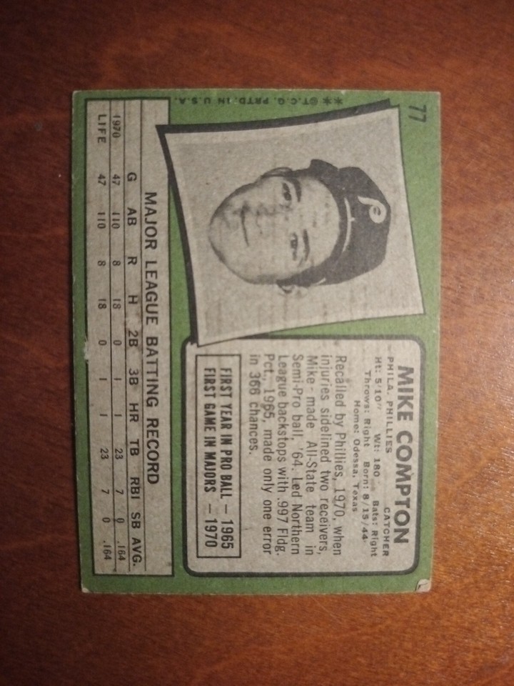 1971 Topps #77 Phillies Mike Compton Baseball Card Gd Condition Read ...