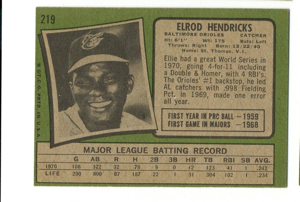 1971 TOPPS BALTIMORE ORIOLES ELROD HENDRICKS #219 NM MT | eBay