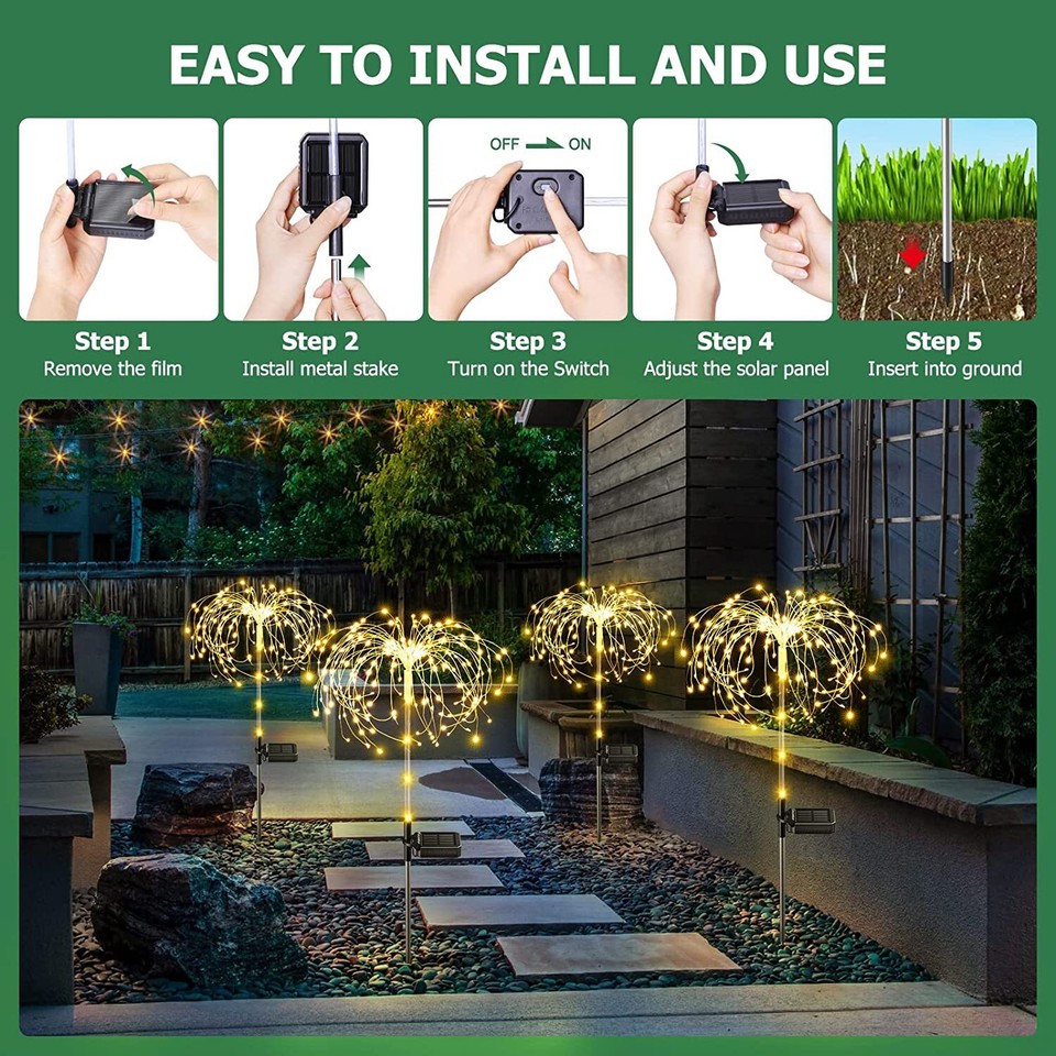 Solar Firework Lights LED Outdoor Waterproof Path Lawn Yard Garden ...