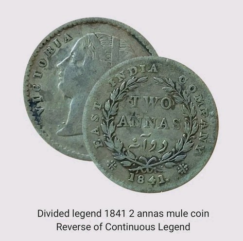 Error Mule Coin British India Victoria Silver 2 Annas 1841 Reverse Cont ...