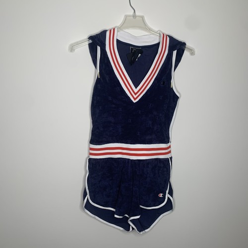 NWT Champion Womens S Blue Terry Cloth Hooded Sleeveless V-Neck Romper ...