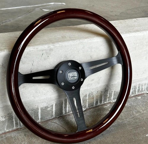 15" (380mm) Black Steering Wheel With Dark Wood Grip and Horn Button ...