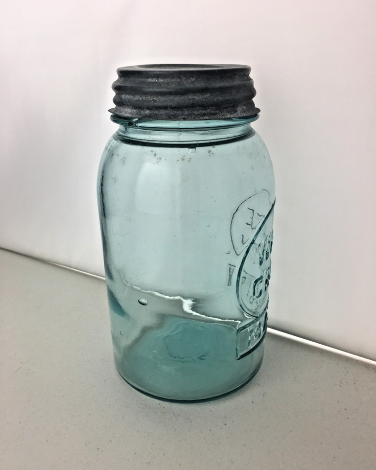 Antique WHITE CROWN Mason Jar Embossed Circle Logo Aqua Quart Glass ...