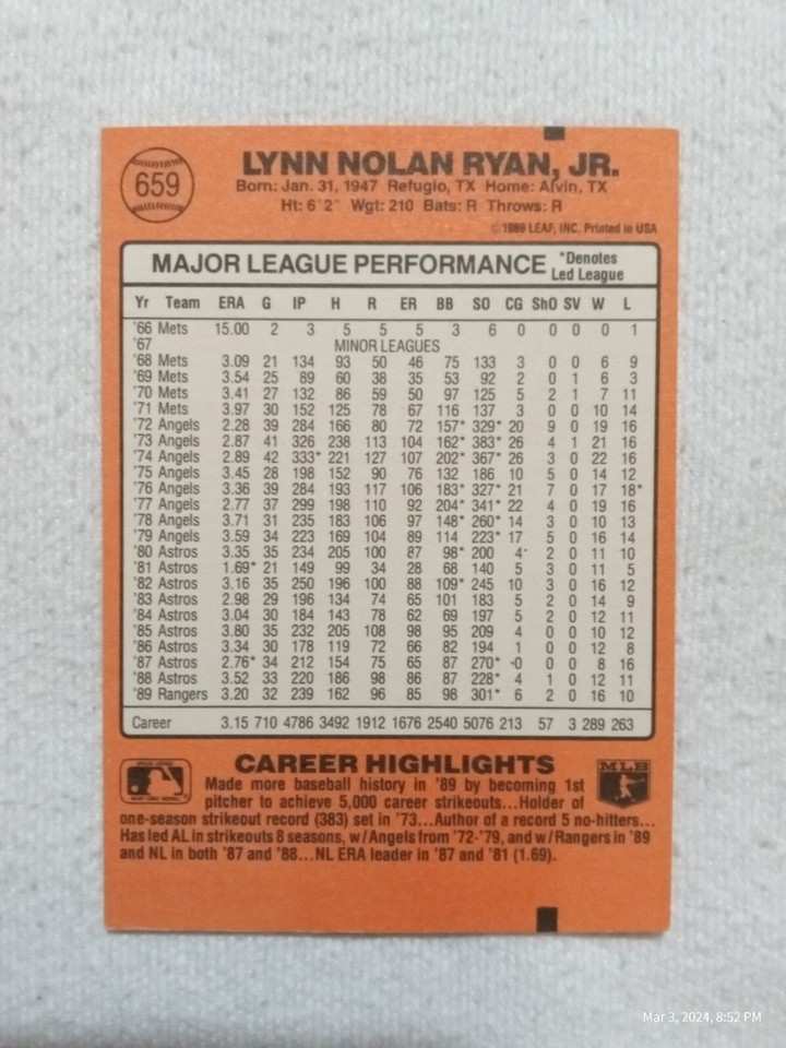 NOLAN RYAN 1990 Donruss 5000K ERROR Card #659 NO DOT Inc RARE Misprint ...