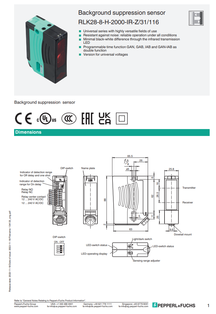 Pepperl+Fuchs RLK28-8-H-2000-IR-Z/31/116 Photoelectric Sensor for sale ...