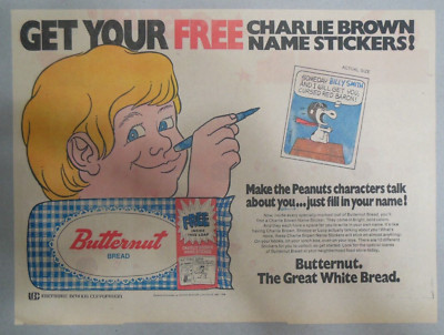 Butternut Bread Ad: "Free! Peanuts Name Stickers" 1973 Size: 11 x 15 ...