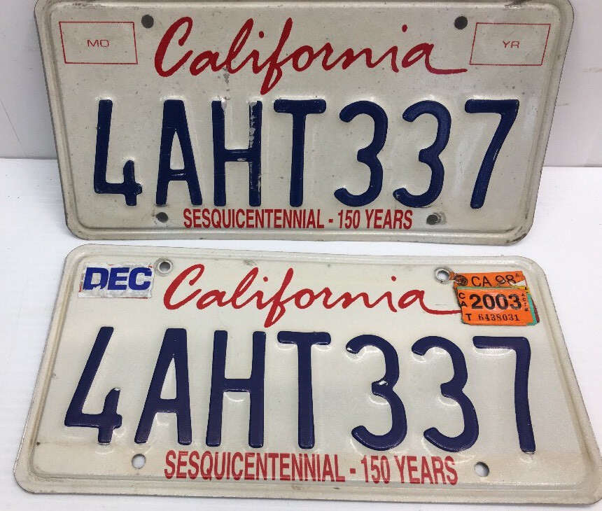 PAIR VINTAGE CALIFORNIA LICENSE PLATE Red/white & BLUE LETTERS~4AHT337 ...