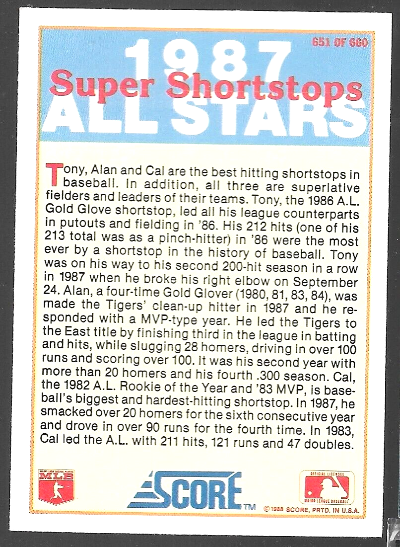 1988 Score All Stars Super Shortstops Cal Ripken Alan Trammell ...