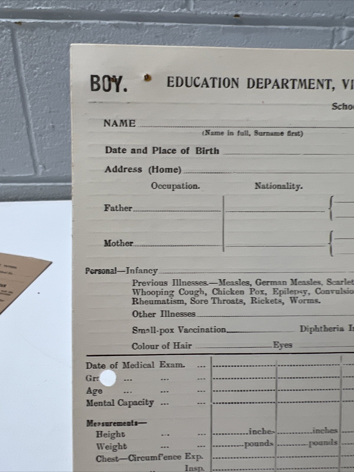VINTAGE SCHOOL EDUCATION MEDICAL EXAMINATION CARD 1948 BOY CARD ...