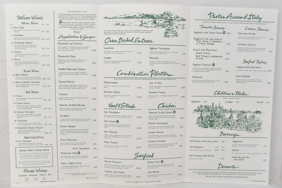 1992 Olive Garden Restaurant Menu 315 Coliseum Boulevard West Fort ...