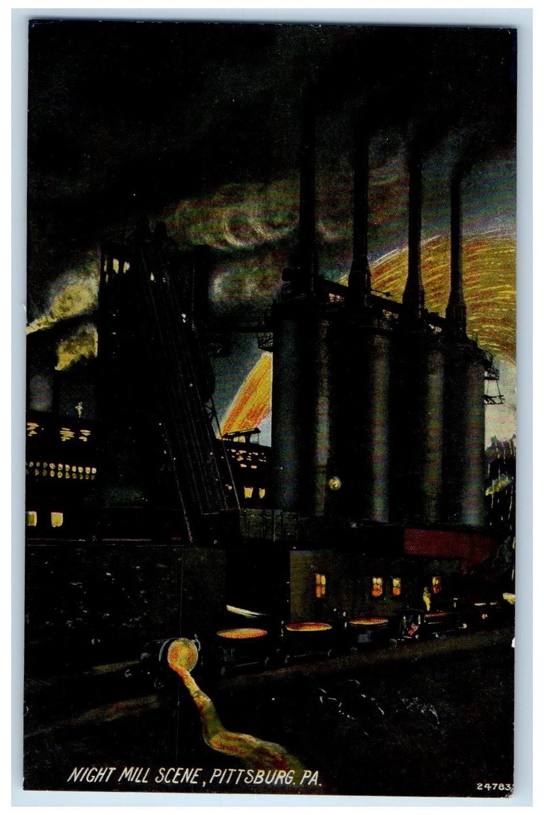 c1950 Night Mill Scene Furnaces Building View Pittsburg Pennsylvania PA ...