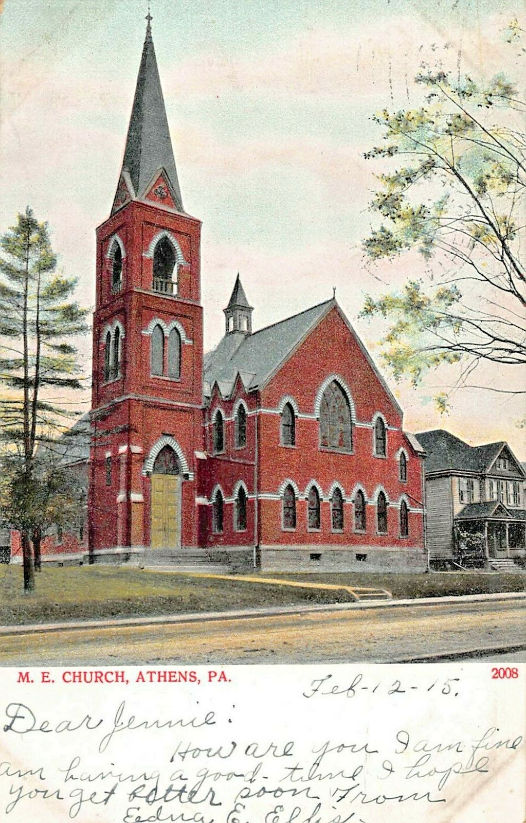ATHENS PENNSYLVANIA~METHODIST EPISCOPAL M E CHURCH 1915 PSMK POSTCARD ...