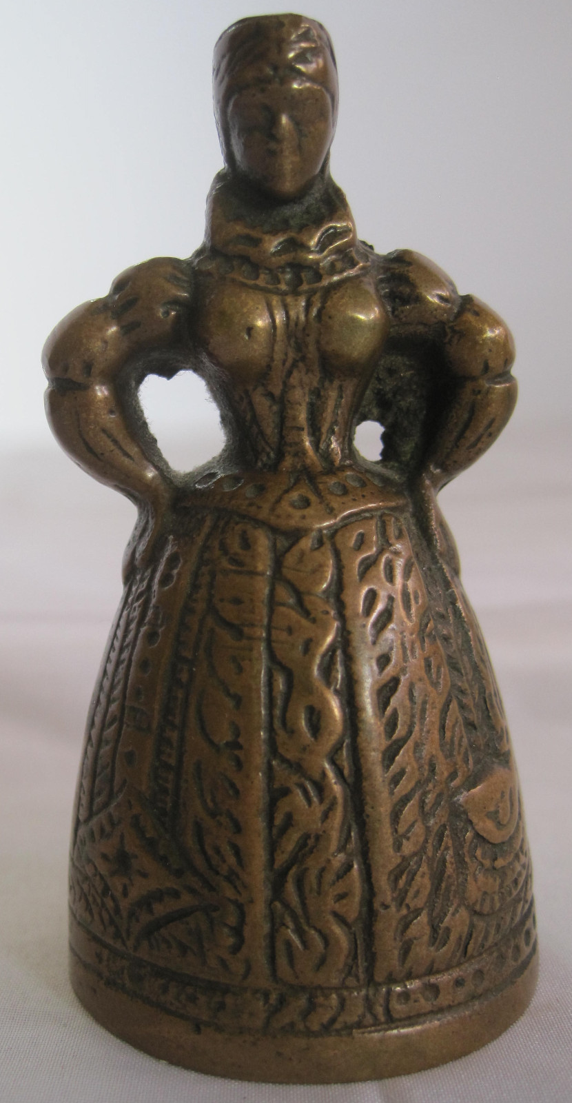 ANTIQUE BRONZE / BRASS ELIZABETHAN LADY BELL WITH LEG & BOOT CLAPPERS ...