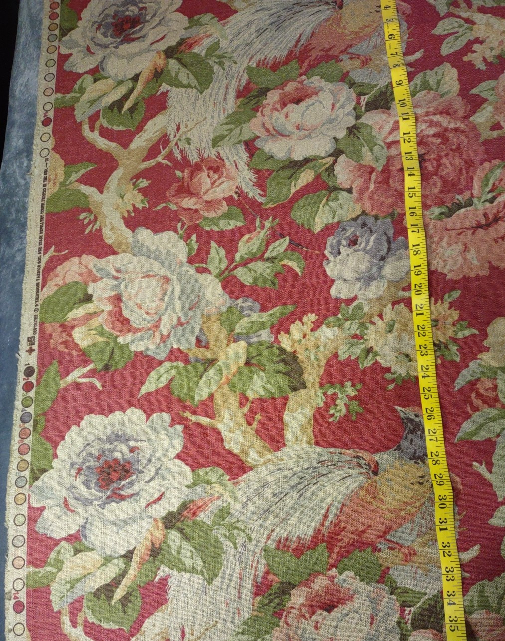 P. KAUFMANN RED FLORAL / BIRD DRAPERY FABRIC, 54'' X 108'', TREATED ...