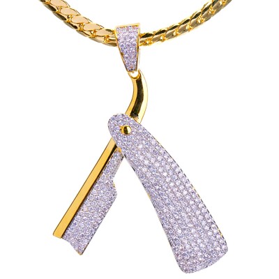 Men's Gold Tone Barber Razor Pendant 20" Miami Cuban Chain Necklace BCH ...