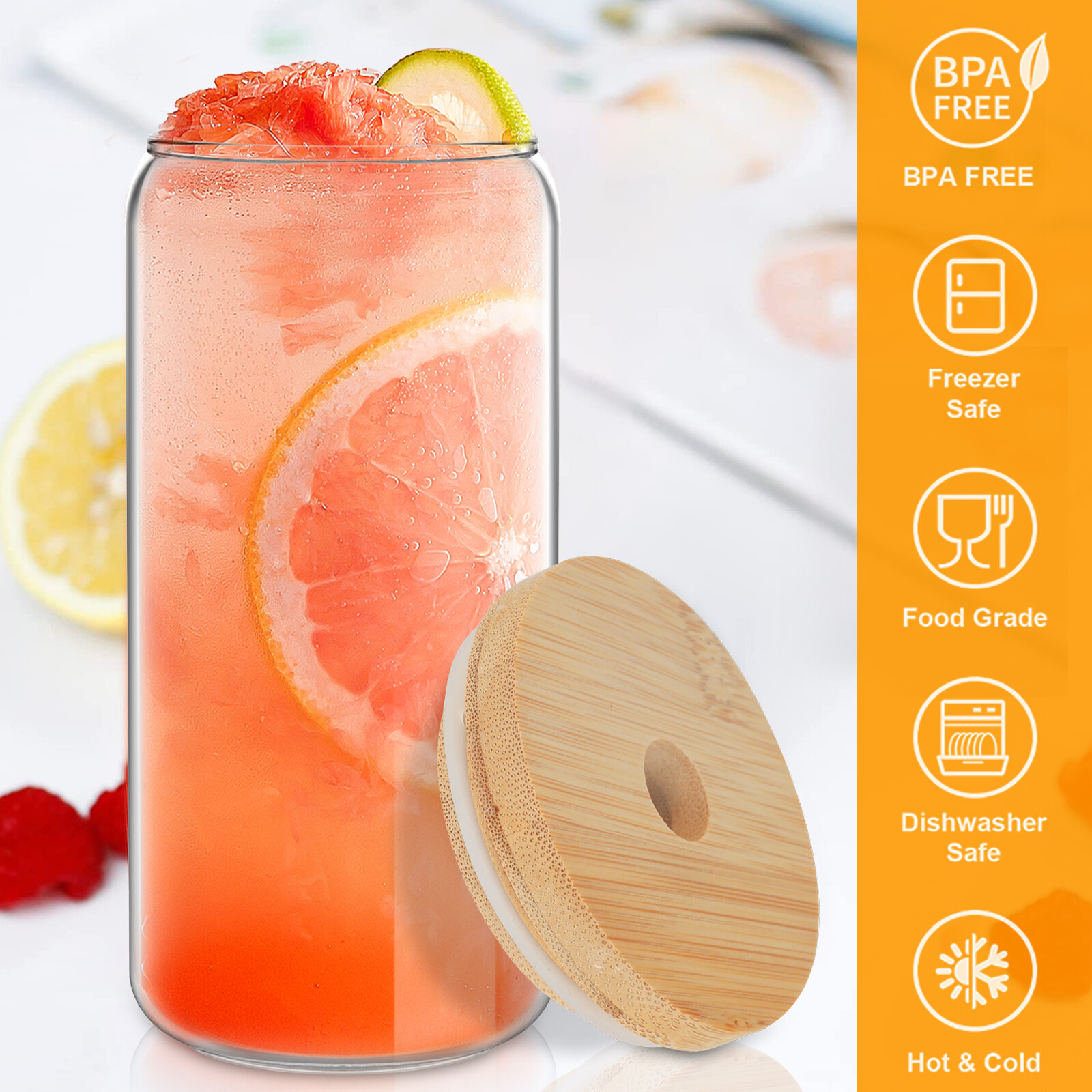 2pcs Transparent Can Glass Cups with Bamboo Lids and Stainless Steel ...