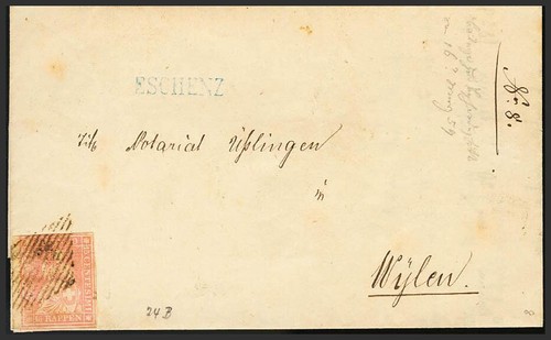 Suiza. cover Yvert 28. 1857. 15 R Rosa. Exchenz To Wylen. IN The Front ...