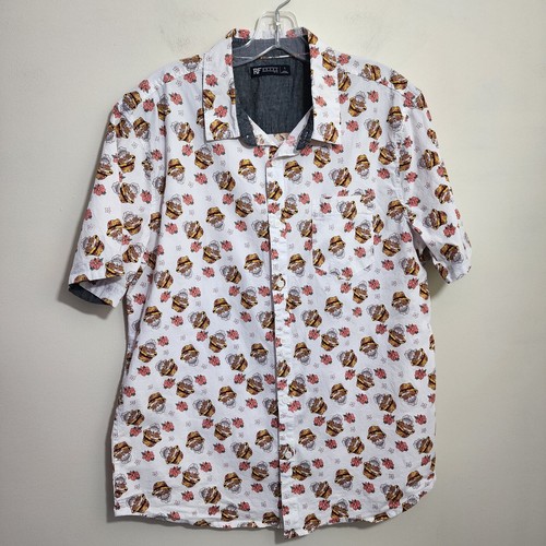 RF Brand skull in a bucket hat print button front short sleeve shirt ...
