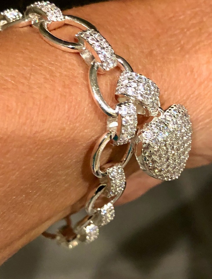 18k White Gold Plated Heart Necklace Bracelet made w Swarovski Crystal ...