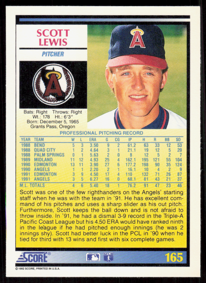 1992 Score 165 Scott Lewis California Angels | eBay
