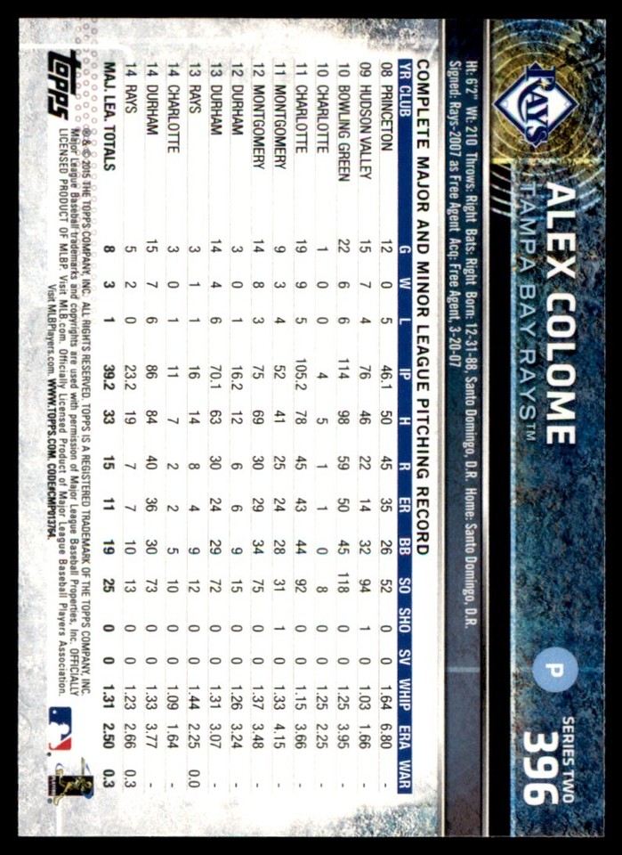 2015 TOPPS #396 ALEX COLOME TAMPA BAY RAYS | eBay