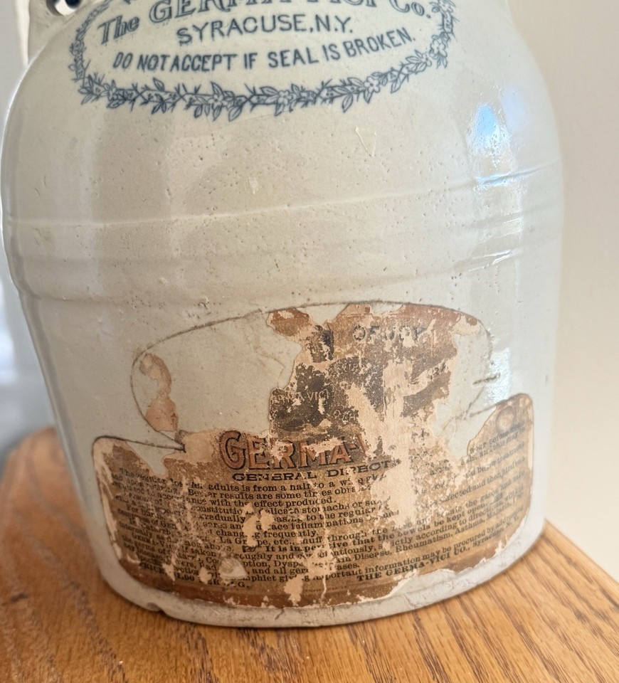 Antique GERMA-VICI CO. Stoneware Jug Syracuse, NY w/ Label | eBay