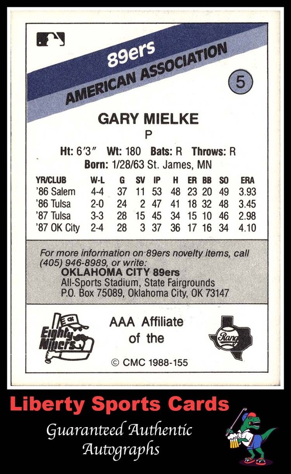 1988 CMC Gary Mielke #5 Authentic Autographed Card Oklahoma City 89ers ...