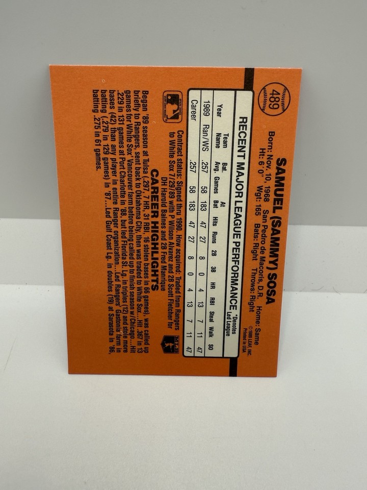 SAMMY SOSA 1990 Donruss Error Baseball Card #489 Wrong D.O.B. | eBay