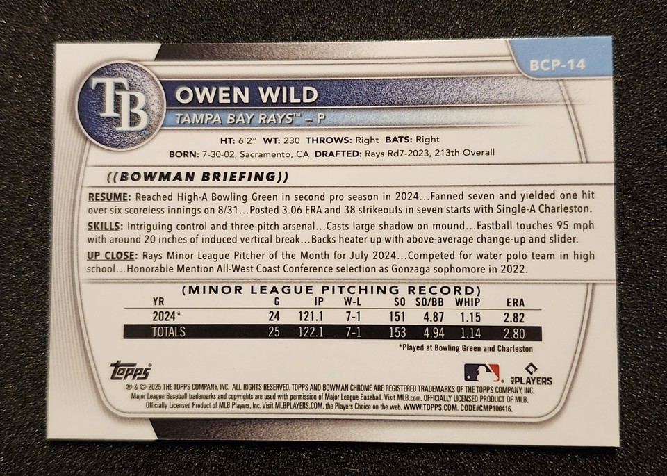 2025 Bowman #BCP-14 Owen Wild 1st Rookie Prospect Reptilian RC ...