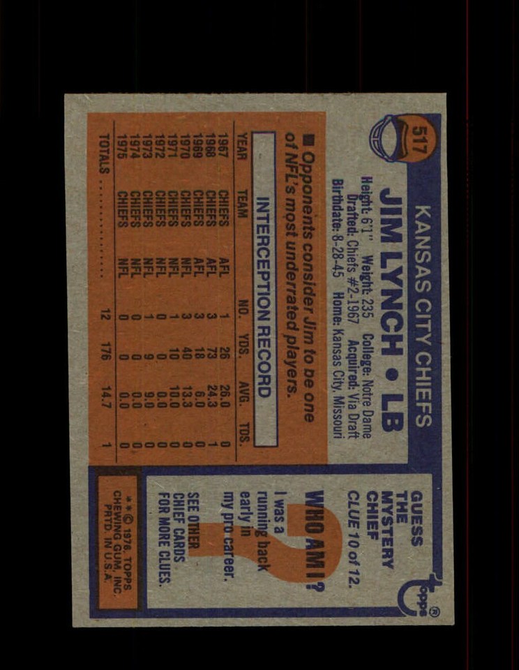 1976 JIM LYNCH TOPPS #517 CHIEFS *9360 | eBay