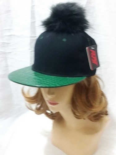 Black Green Faux Leather Snake Skin Brim Pom Pom Faux Fur Hip Hop Cap ...