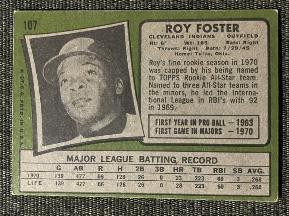1971 Topps - #107 Roy Foster (RC) Rookie Cleveland Indians VG- | eBay