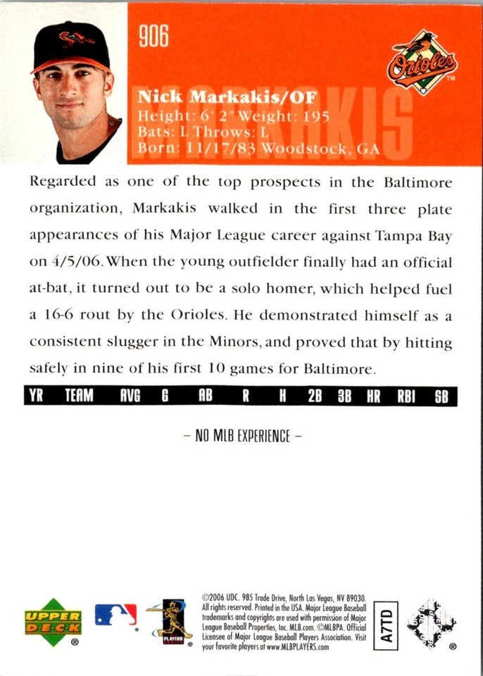 2006 Upper Deck Nick Markakis #906 Baltimore Orioles Baseball Card | eBay