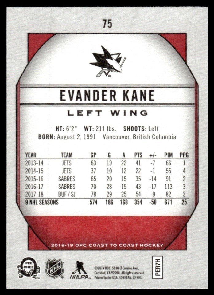 2018-19 O-Pee-Chee Coast to Coast Evander Kane San Jose Sharks #75 ...