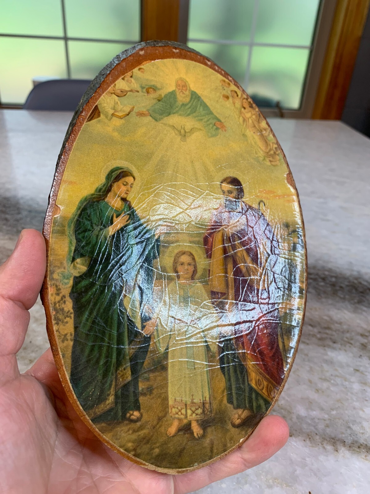 Vintage Pine Disc/Plaque Lithographic Picture of Jesus Lovely Crazing ...