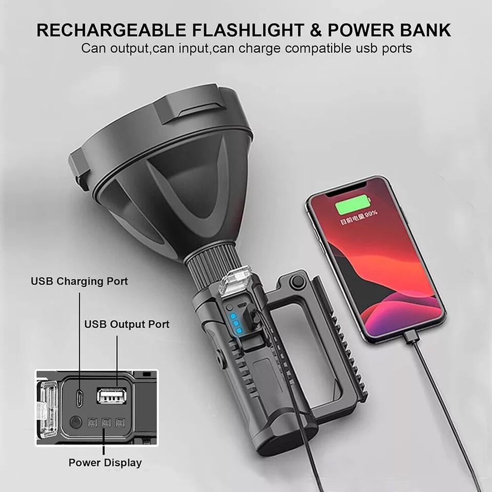 Super Bright LED Searchlight Portable Rechargeable Spotlight Handheld ...