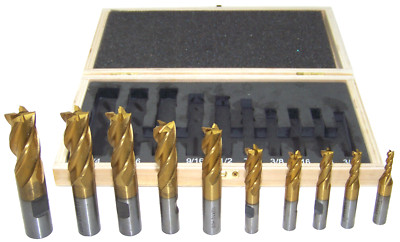 10pcs Tin Coated end Mill Set 4 Flutes Cutting 3/16-3/4" Titanium ...