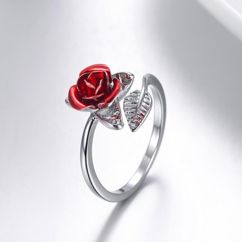 2021 Elegant Red Rose Flower Leaves Open Ring Finger Knuckle Women ...