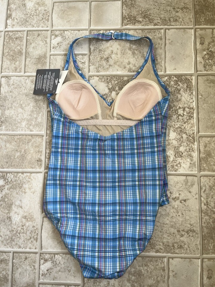 Speedo Women's Blue Plaid V-Neck One Piece Halter Swimsuit sz. 14 NWT ...