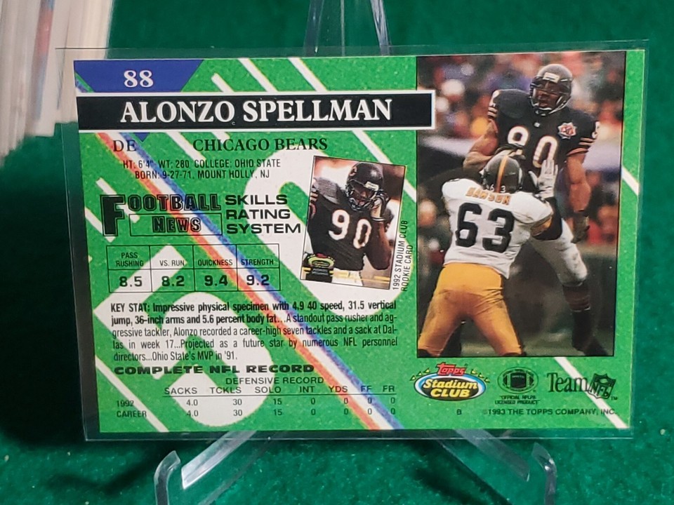 1993 Topps Stadium Club Football #88 Alonzo Spellman Chicago Bears Ohio ...