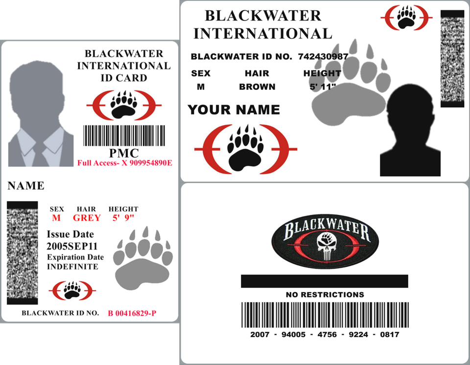 BLACKWATER INTERN'L or TRIPLE CANOPY ID cards Custom Made with Your ...