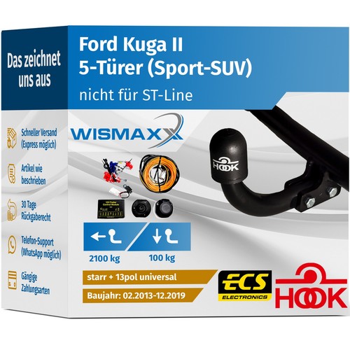 ANHÄNGERKUPPLUNG für Ford Kuga II 13-17 starr HOOK +13pol E-Satz ABE ...