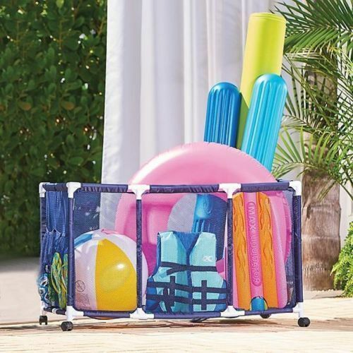 Rolling Pool Toy Storage Cart Mesh Bins with Side Pockets Swimming Pool ...