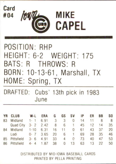 1987 Iowa Cubs Team Issue #4 Mike Capel Marshall Spring Texas TX ...
