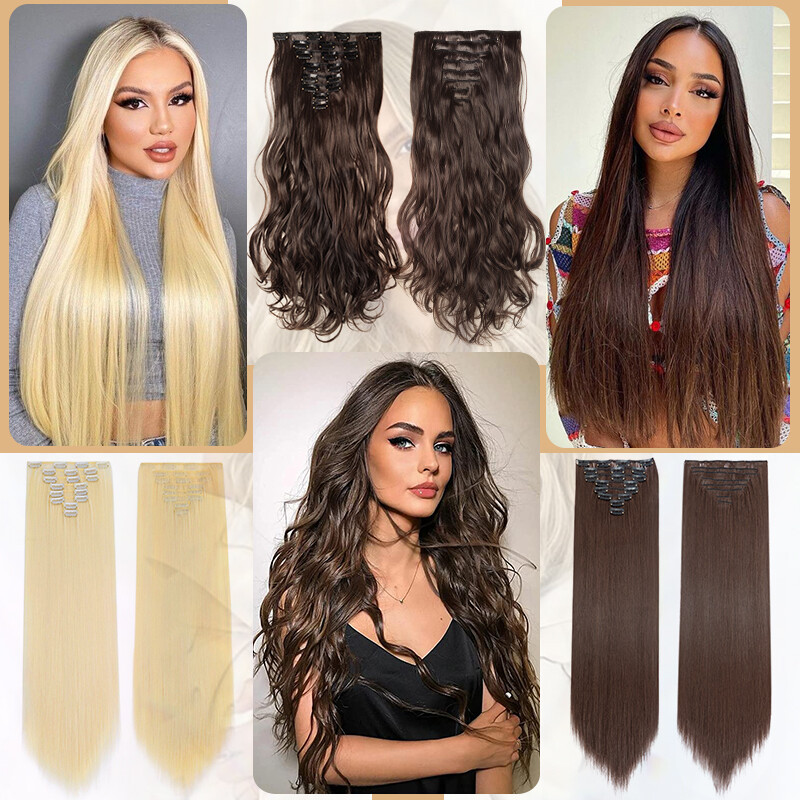 8PCS Clip In Hair Extensions Thick Wavy Full Head Hair Extentions Real ...