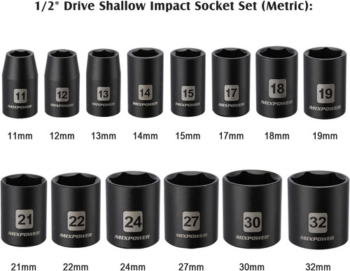 14 Pieces 1/2-Inch Drive Shallow Impact Socket Set, 11-32mm, CR-V ...